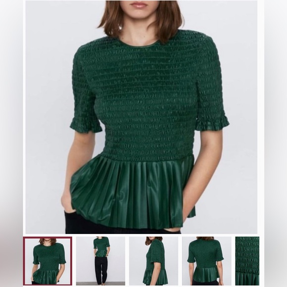 Zara | Tops | Zara Smocked Gathered Hem Faux Leather Emerald Green Top ...
